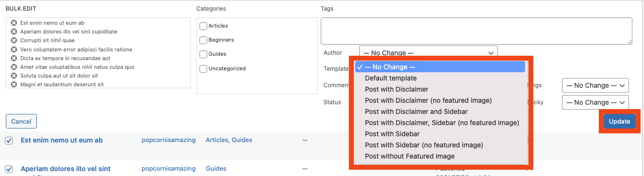 How to change post layout for multiple posts. - Popcorn Theme